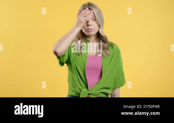 Worried confused american young girl, no, she forgot. Shocked woman ...