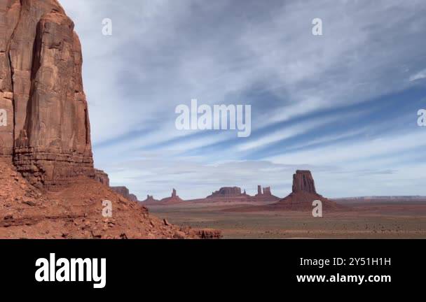 Scenic wide shot of Monument Valley in Arizona with red rock formations ...