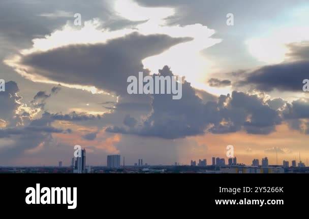 4K City Panoramic Video. Magnificent view of sunset sky with beautiful ...
