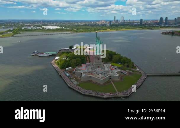 Panoramic aerial view Statue of Liberty in New York City, NY, USA. The ...