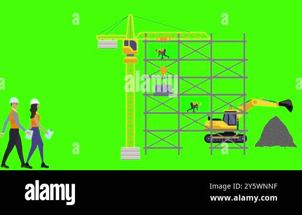 Industrial construction work with peoples and machines, crane scene ...