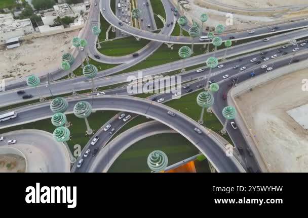 Drone view of busy motorway The Green Field Riyadh KSA. This video ...