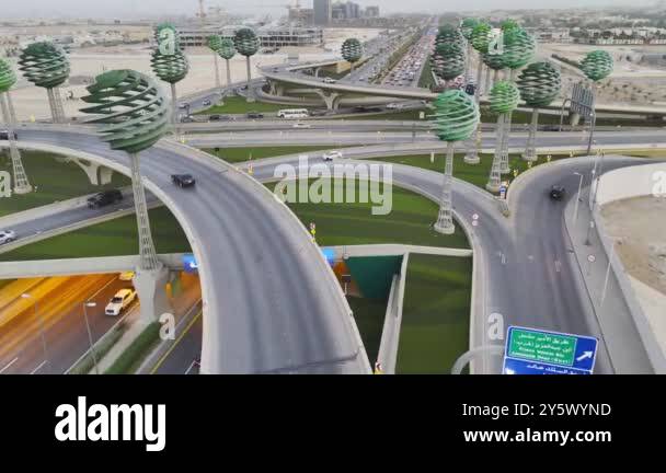 Drone view of busy motorway The Green Field Riyadh KSA. This video ...
