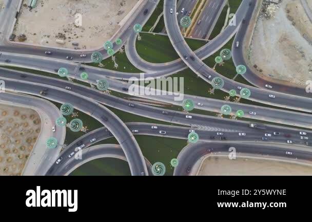 Drone view of busy motorway The Green Field Riyadh KSA. This video ...