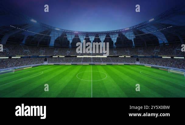 Football arena with grass field and blurred fans at playground view. 3D ...