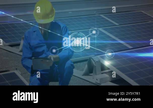 Inspecting solar panels, worker with network connections and data ...