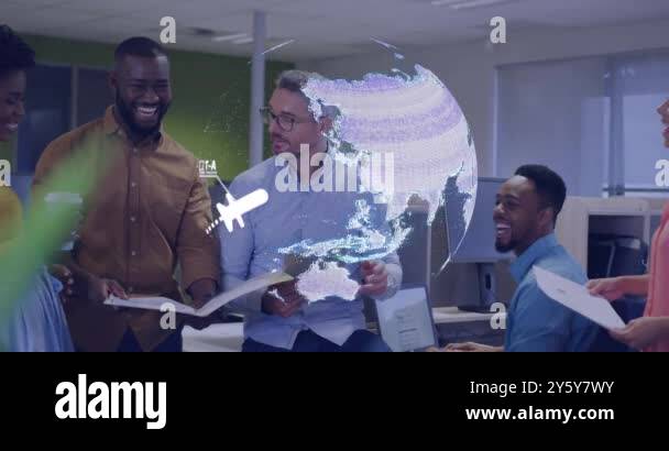 Digital globe animation over diverse business team collaborating in ...