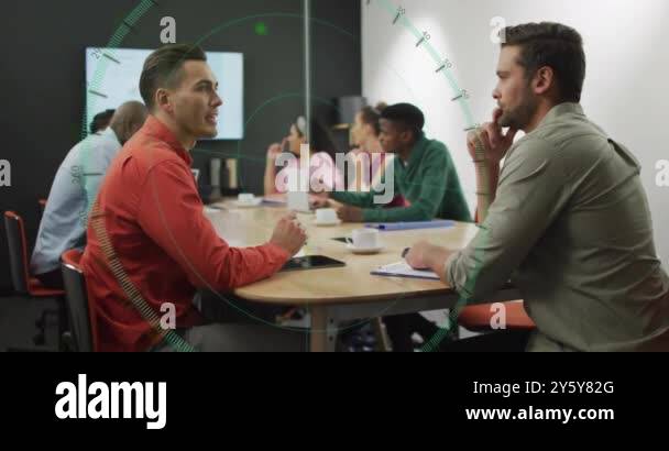 Targeting animation over diverse business team in meeting room ...