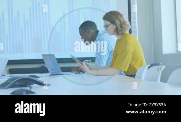 Analyzing business data animation, diverse professionals working on laptops and tablets ...