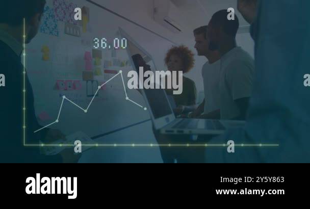Business team brainstorming with graph animation over meeting room ...