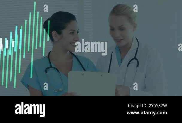 Doctors discussing patient chart, medical data analysis animation over ...