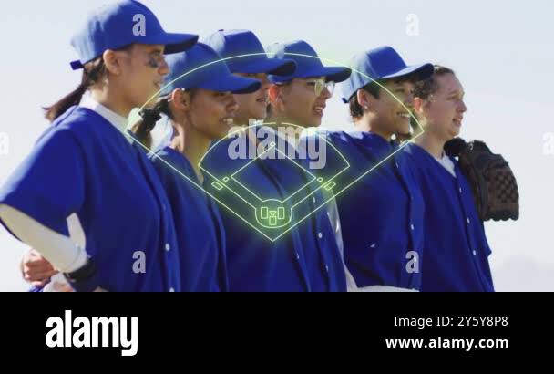Baseball field diagram animation over team of players in blue uniforms ...