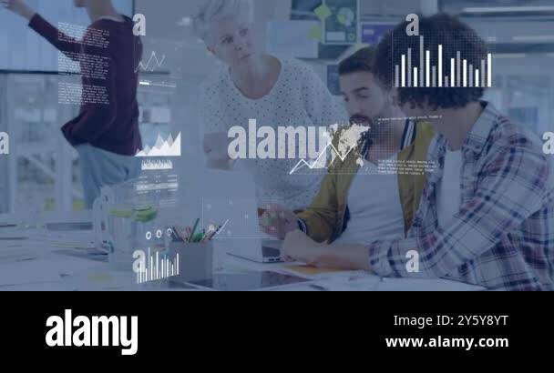 Analyzing data and graphs animation over diverse team collaborating in office. analytics ...