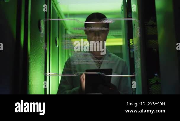 Holding tablet, person in server room with data processing animation ...