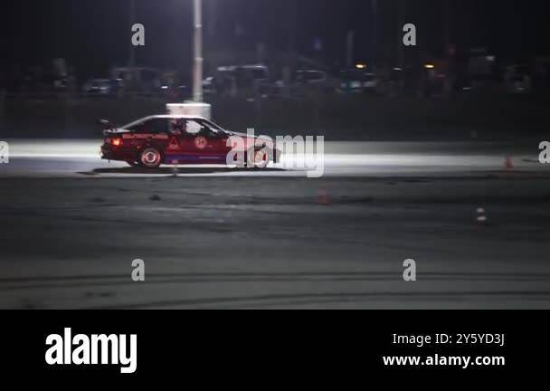 Villamarzana, Italy 17 September 2024: A drift car makes a smoky drift ...