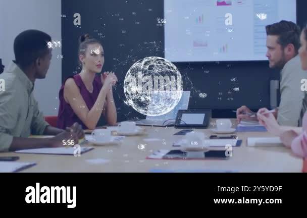 Network connections and data animation over business meeting in ...