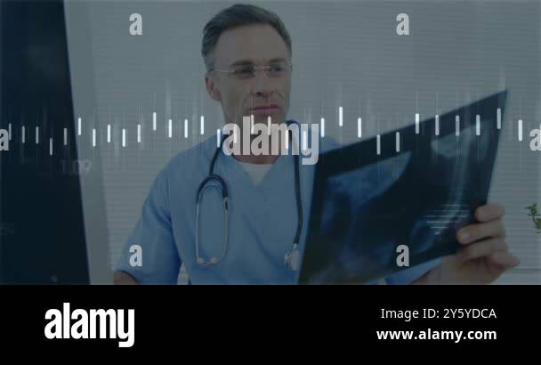 Examining X-ray with medical data animation overlay, doctor in hospital ...