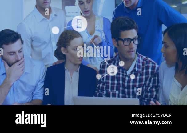 Network of connected devices and music icons animation over group of ...