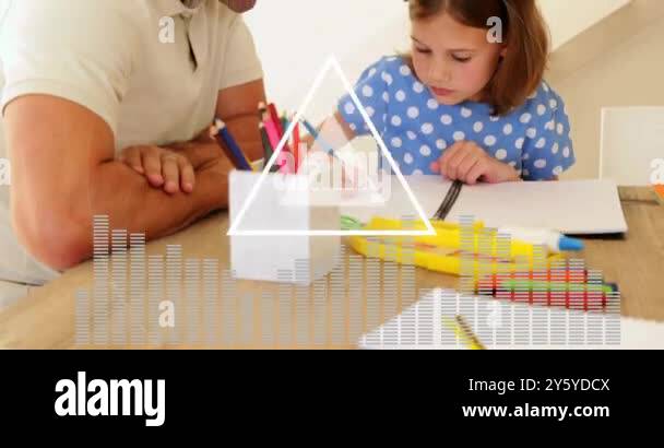 Father and daughter drawing together, sound wave animation over them ...