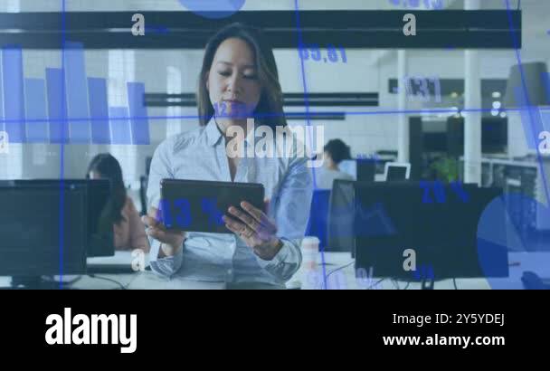 Using tablet, businesswoman with financial data processing animation ...