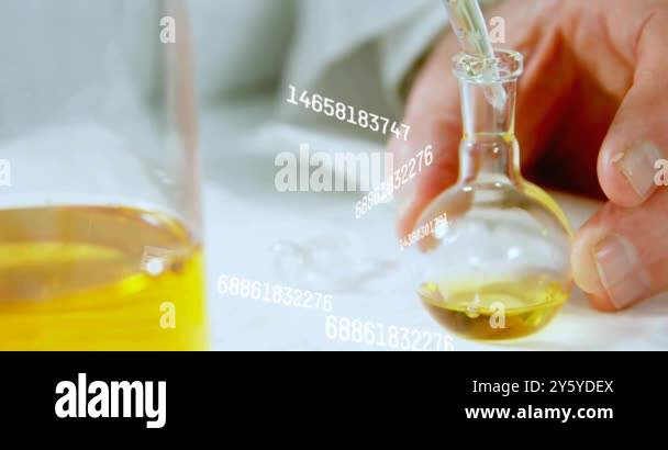 Pouring liquid into flask, scientific data animation over laboratory ...