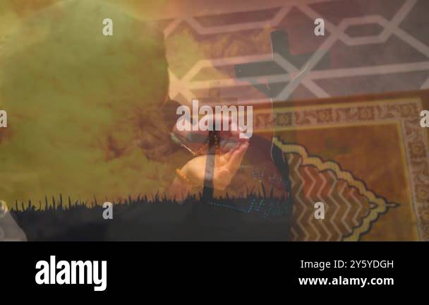 Praying hands and cross silhouettes over religious symbols animated ...