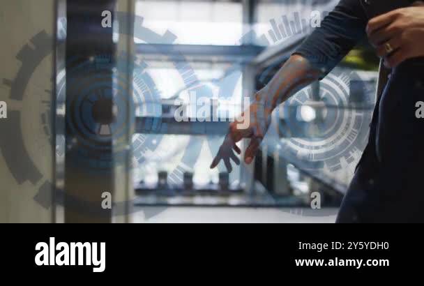 Pressing elevator button, person interacting with futuristic digital ...