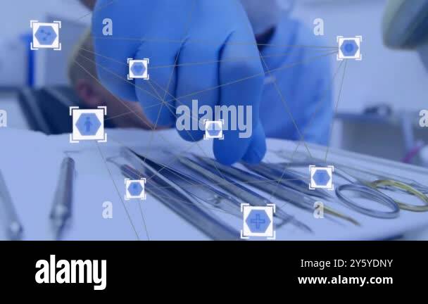 Medical network and data processing animation over dental tools and ...