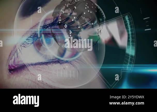 Close-up eye with digital globe, scientific research animation in ...