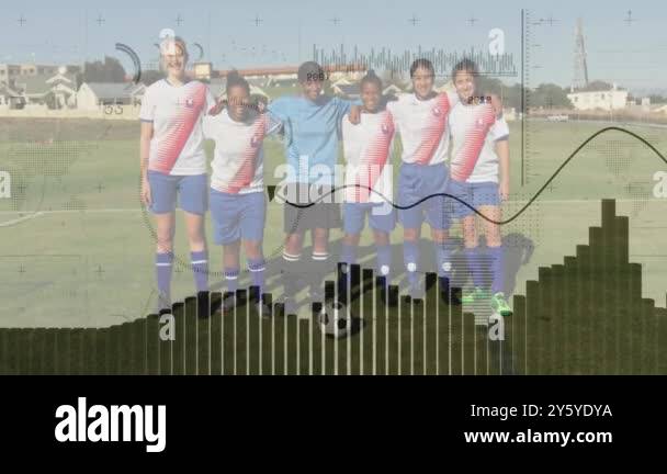 Soccer team posing on field with data visualization animation over ...