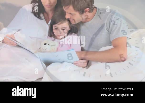 Reading book together in bed, family with clock animation in background ...