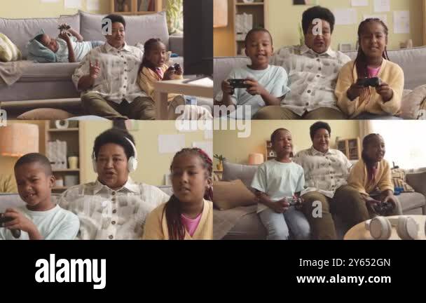 Split screen of African American tween brother and sister spending ...
