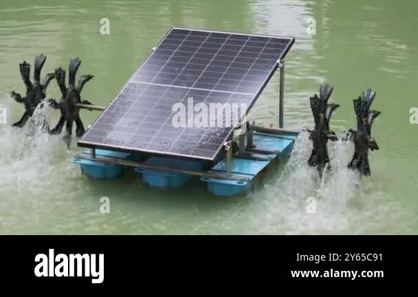 Solar-powered water aerator system with rotating paddles in a pond for ...
