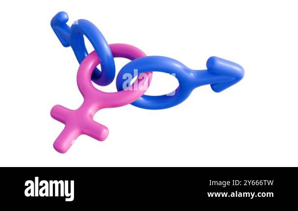 a 3d animation of pink female symbol and two blue male symbols. The ...
