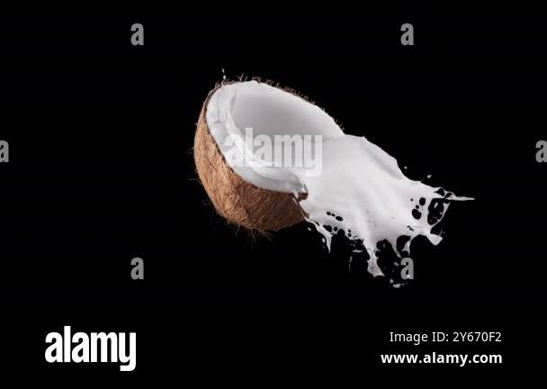 A looping rotation of coconut in a splash of milk. Slow cyclic rotation ...