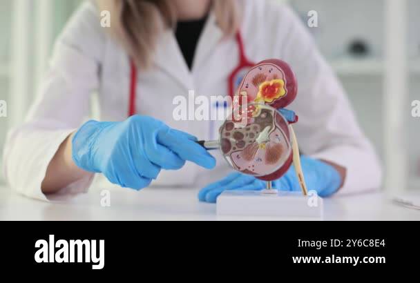 Doctor examines kidney model using magnifying glass in clinic ...