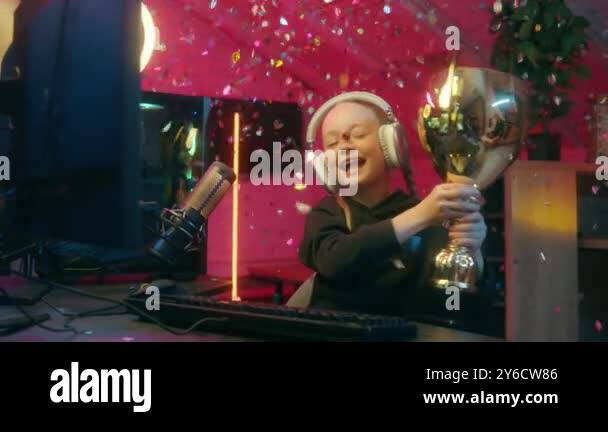 Happy excited champion winner Caucasian little girl daughter child kid ...