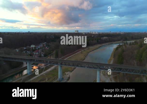 Grosshesseloher Brucke on Isar River in Munich, Germany aerial view ...