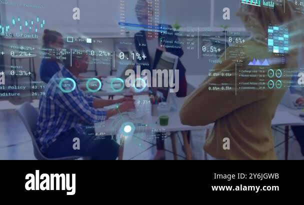 Business data analytics animation over diverse team collaborating in modern office. Teamwork ...