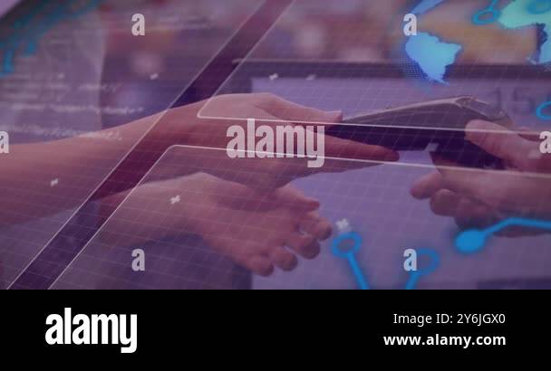 Holding Smartphone Person Interacting With Data Animation Over Grid Background Technology