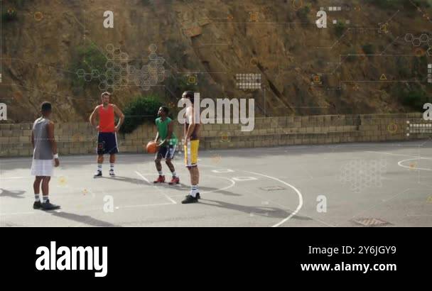 Playing basketball on outdoor court, data processing animation over ...
