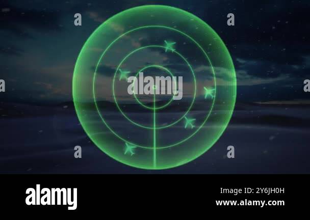 Green radar scanning animation over night sky with clouds and stars ...