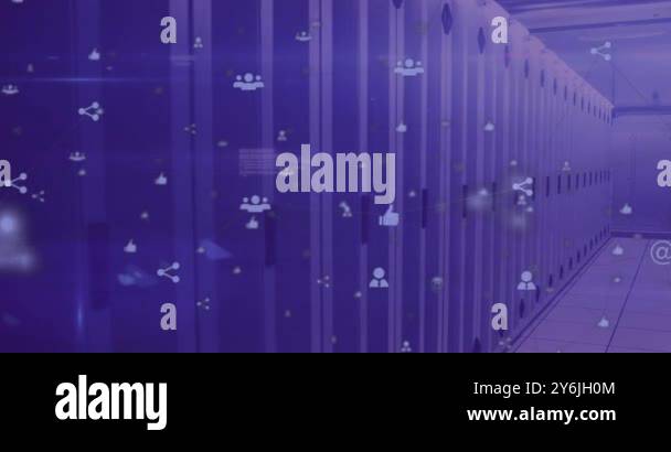 Social media icons animation over data center server racks. Technology ...