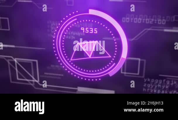 Digital data processing animation with futuristic purple interface and geometric shapes ...