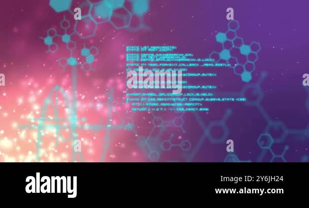 Animating hexagonal molecular structures and data processing over colorful abstract background ...