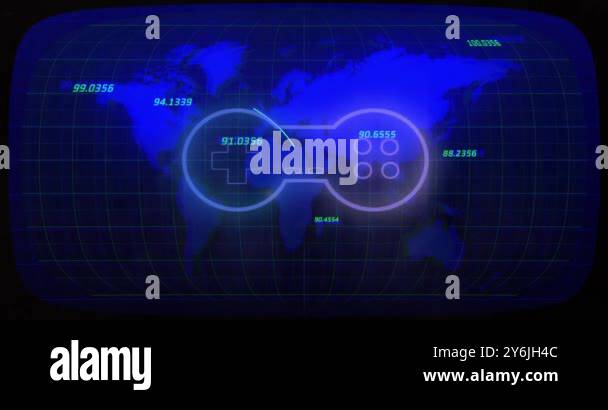 Game controller and coordinates animation over world map with blue grid ...