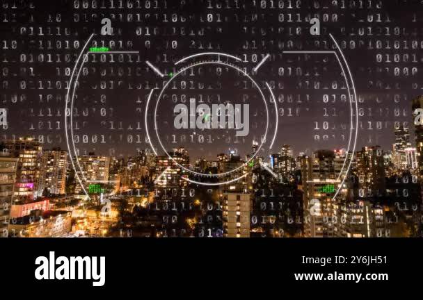Binary code and data processing animation over cityscape at night. Technology, digital ...