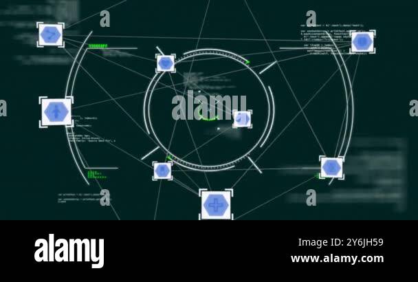Targeting system animation with geometric shapes and data processing over dark background ...