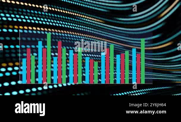 Bar Chart Animation Over Colorful Dots Forming Wavy Patterns Data