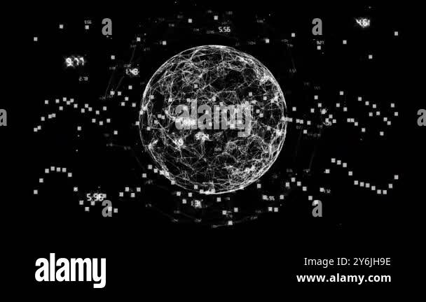 Animating digital globe with interconnected nodes and data points over black background ...